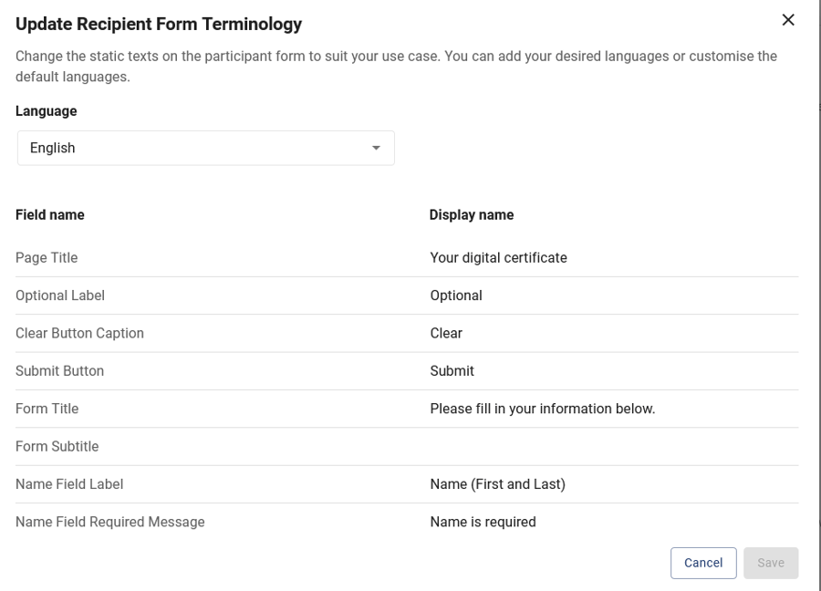 How to customize the Recipient Form Terminology