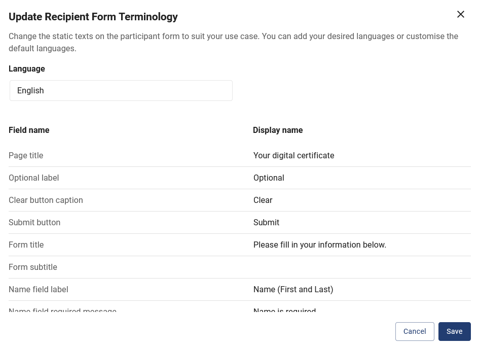 How to customize the Recipient Form Terminology